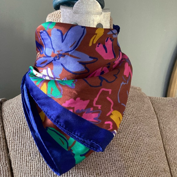 Zara | Accessories | Zara Floral Silk Scarf With Blue And Brown Accents ...